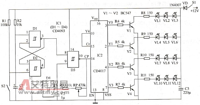 采用CD4093等数字电路的LED闪烁灯电路_电气技术_新满多